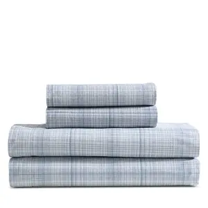 Calvin Klein Multi Grid Washed Cotton Percale 4 Piece Sheet Set, Queen - Blue