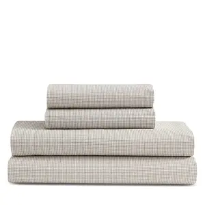 Calvin Klein Broken Grid Washed Cotton Percale 4 Piece Sheet Set, Queen - Flax/graphite
