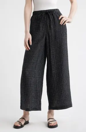 Eileen Fisher Windowpane Check Linen Wide Leg Ankle Pants - Black/white
