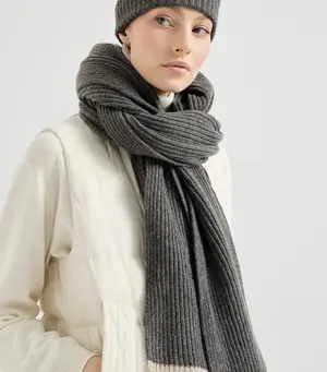 Brunello Cucinelli Cashmere Ribbed Monili-detail Scarf - Grey