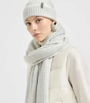 Brunello Cucinelli Cashmere Ribbed Monili-detail Scarf - White