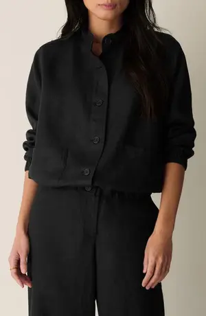 Eileen Fisher Stand Collar Organic Linen Jacket - Black