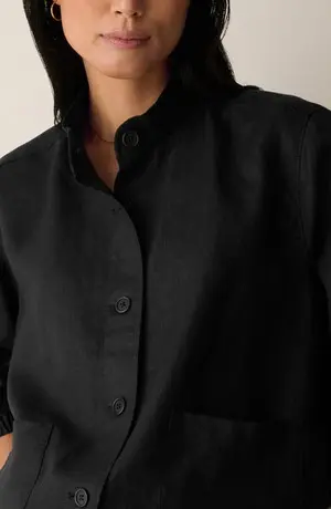 Eileen Fisher Stand Collar Organic Linen Jacket - Black