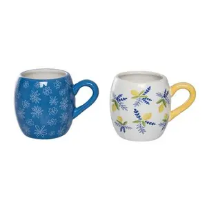 TRANSPAC Ceramic Citrus Mug Set Of 2 Multicolored For Spring Serving And Entertaining - Blue
