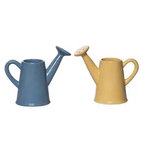 TRANSPAC Dolomite Watering Can Vase Set Of 2 And Yellow For Spring Garden Decor - Blue