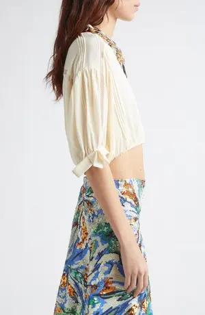 Rabanne Lace Trimmed Pintuck Crop Top - Ecru