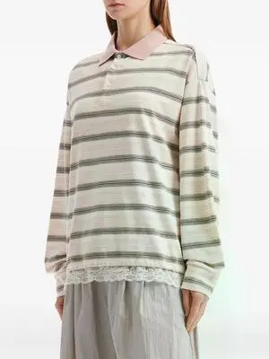 TOUT A COUP Striped Lace-trim Polo Top - Neutrals