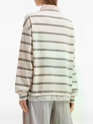 TOUT A COUP Striped Lace-trim Polo Top - Neutrals