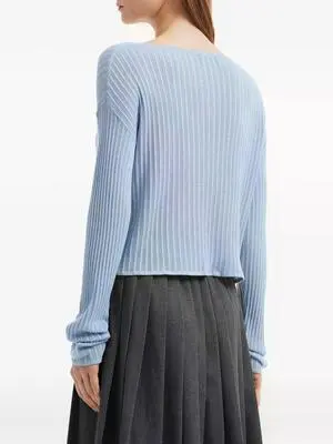 TOUT A COUP Ribbed Boat-neck Sweater With Tie Detail - Blue