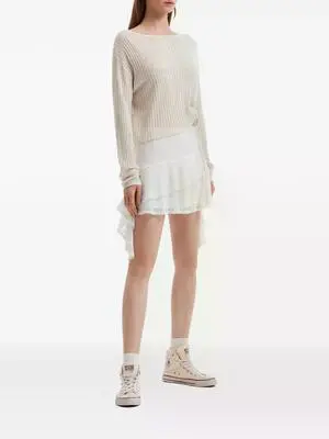 TOUT A COUP Ribbed Boat Neck Long Sleeve Sweater With Drawstring Hem - Neutrals