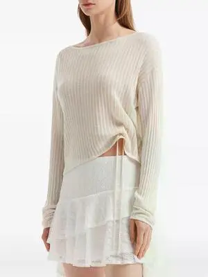 TOUT A COUP Ribbed Boat Neck Long Sleeve Sweater With Drawstring Hem - Neutrals
