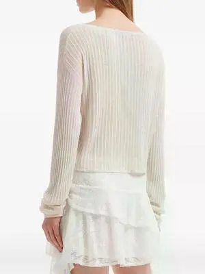 TOUT A COUP Ribbed Boat Neck Long Sleeve Sweater With Drawstring Hem - Neutrals