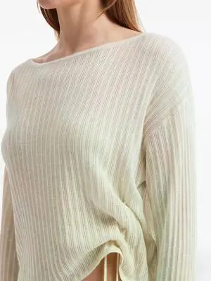 TOUT A COUP Ribbed Boat Neck Long Sleeve Sweater With Drawstring Hem - Neutrals