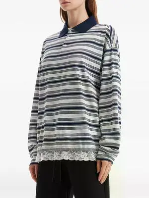 TOUT A COUP Striped Long-sleeve Polo Top - White