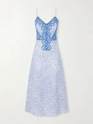Loretta Caponi Palmira Floral-print Lace-trimmed Maxi Dress - Blue