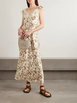 DÔEN Fiona Lace-trimmed Floral-print Silk-satin Midi Dress - Multi