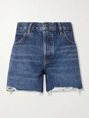 FRAME Mid Rise Relaxed Fit Denim Shorts With Frayed Hem - Blue