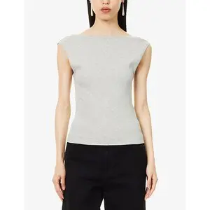 ST. AGNI Boat-neck Scoop-back Cotton Top - Grey Marle