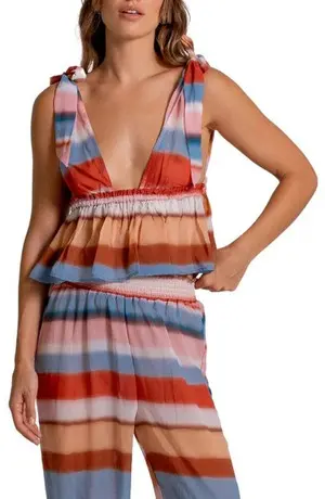 Cosita Linda Ruffle Semisheer Crop Peplum Cover-up Top - Multi