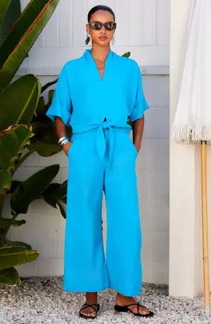 Fifteen Twenty Mason Linen Blend Crop Wide Leg Pants - Turquoise