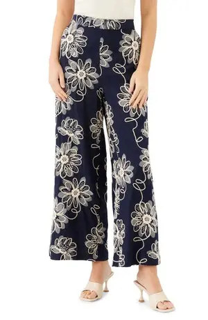 Fifteen Twenty Adara Floral Embroidered Wide-leg Pants - Navy