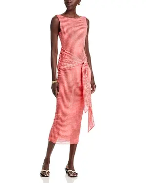 TOCCIN Wylie Boat Neck Tie Front Midi Dress - Gingham