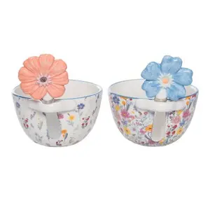 TRANSPAC Dolomite Bowl With Floral Spreader Set Of 2 Multicolored For Spring Serving And Entertaining