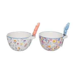 TRANSPAC Dolomite Bowl With Floral Spreader Set Of 2 Multicolored For Spring Serving And Entertaining