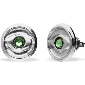 UNODE50 Plated Button Earrings With Green Faceted Crystal - Silver