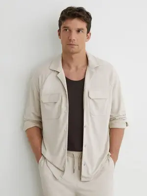 REISS Delmer Jersey Twin-pocket Cuban-collar Overshirt
