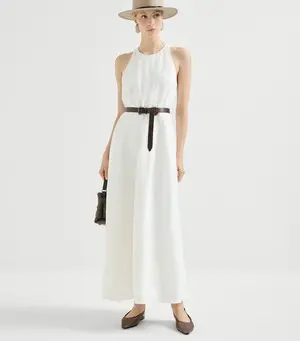 Brunello Cucinelli Twill Pleated Maxi Dress - Beige