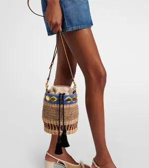 Valentino Garavani Vlogo Small Embellished Raffia-effect Bucket Bag
