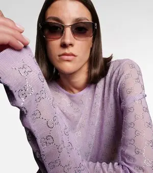 Gucci Interlocking G Crystal-embellished Rectangular Sunglasses
