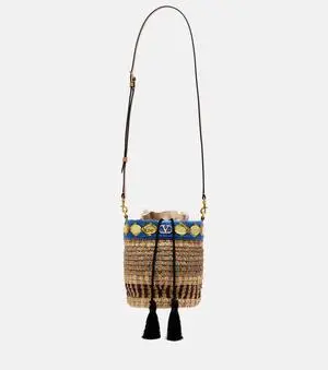 Valentino Garavani Vlogo Small Embellished Raffia-effect Bucket Bag
