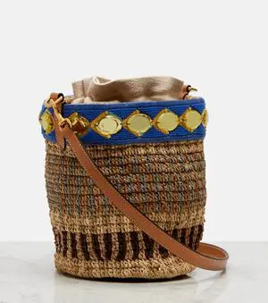 Valentino Garavani Vlogo Small Embellished Raffia-effect Bucket Bag