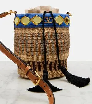 Valentino Garavani Vlogo Small Embellished Raffia-effect Bucket Bag