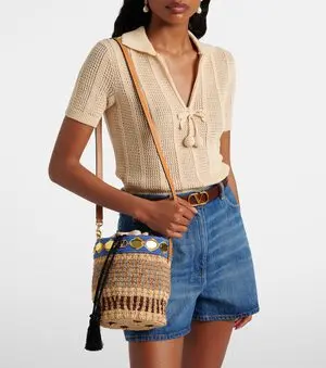 Valentino Garavani Vlogo Small Embellished Raffia-effect Bucket Bag