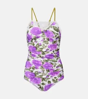 Chloé Floral Ruched Lace-trimmed Swimsuit - Purple