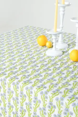 INNER CHILD Forget-me-not Scallop Embroidered Blockprint Tablecloth - 60x90