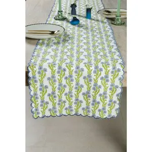 INNER CHILD Forget-me-not Scallop Embroide Blockprint Tablerunner - Red