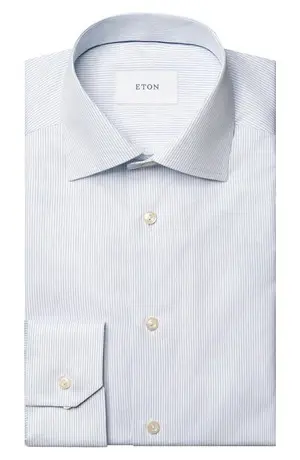 Eton Contemporary Fit Pinstripe Cotton Twill Dress Shirt - Light Blue
