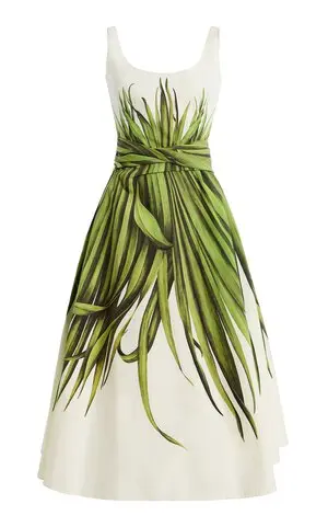 Oscar De La Renta Palm Leaves Cotton-poplin Midi Dress - White