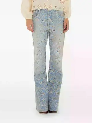 Farm Rio Floral-embroidered Flare Jeans - Blue
