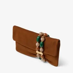 JIMMY CHOO Zandra Suede Clutch With Beaded Bracelet - Tan/gold