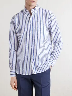 J. MUESER Button-down Collar Striped Cotton-seersucker Shirt - Blue