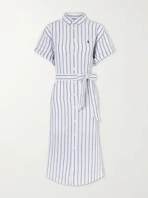 Polo Ralph Lauren Belted Striped Linen Midi Shirt Dress - Blue