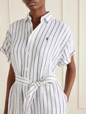 Polo Ralph Lauren Belted Striped Linen Midi Shirt Dress - Blue
