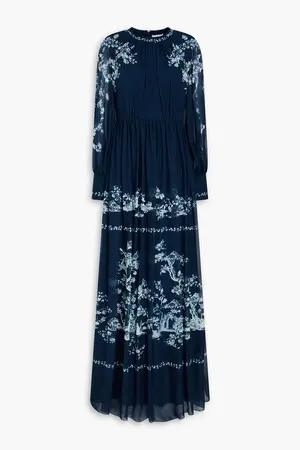 Erdem Printed Silk-voile Gown - Navy