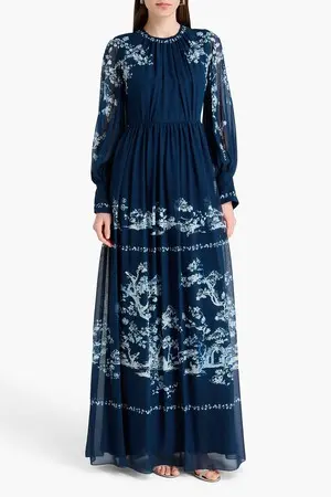 Erdem Printed Silk-voile Gown - Navy