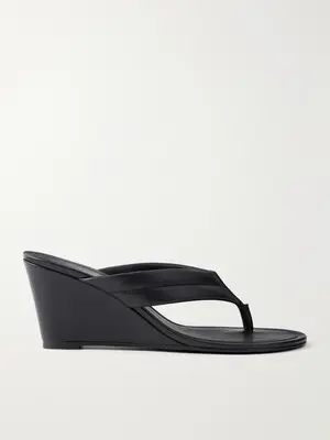 ST. AGNI Leather Wedge Thong Sandals - Black